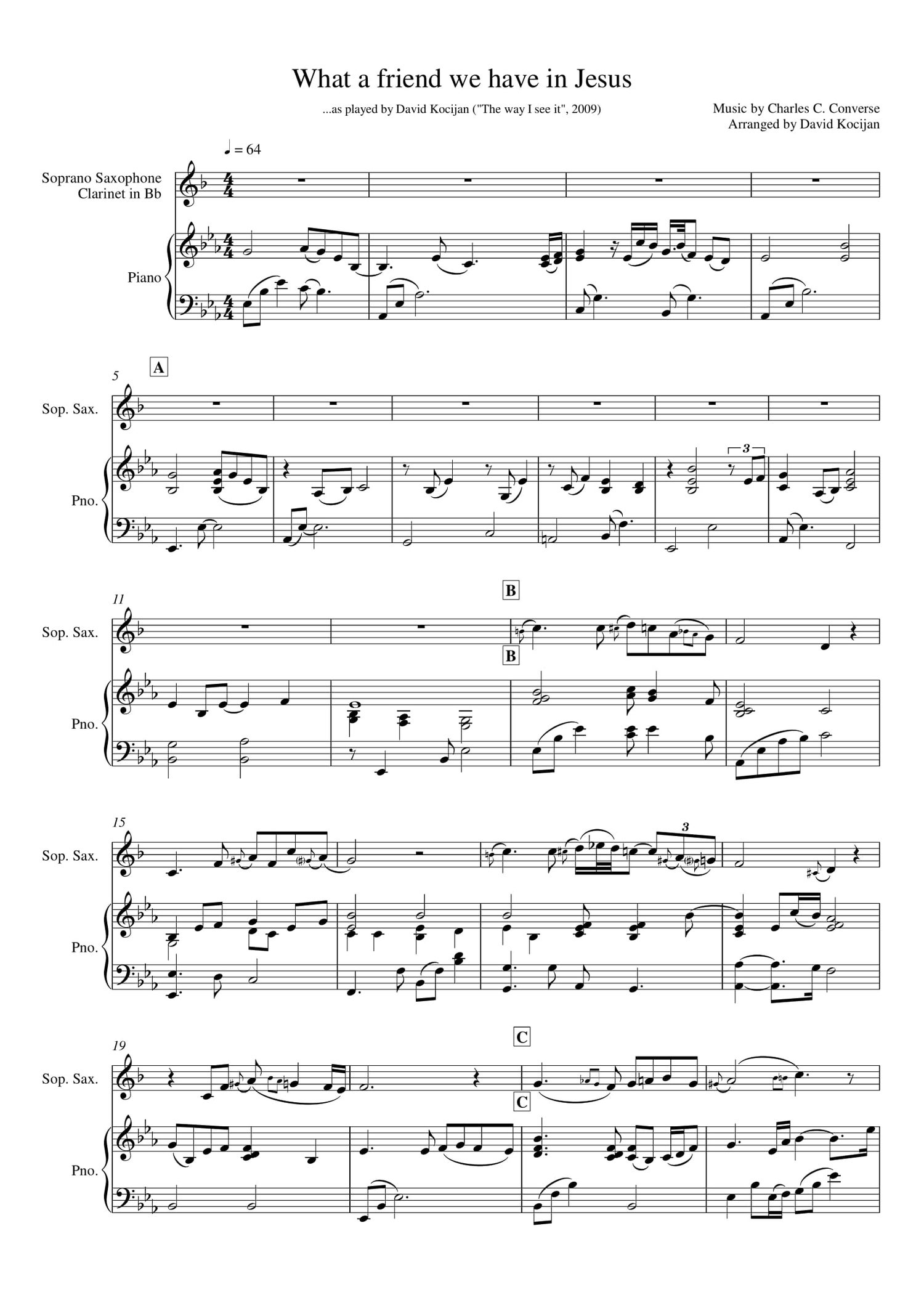 What a friend we have in Jesus (Piano and Soprano Sax or Clarinet in Bb ...