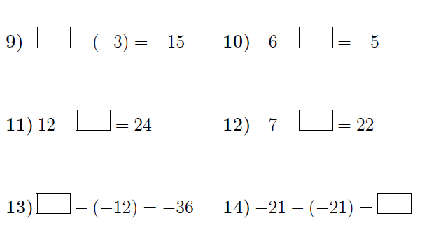 Subtracting integers: missing numbers worksheet (with solutions)