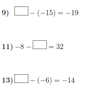 Subtracting integers: missing numbers worksheet no 3 (with solutions)
