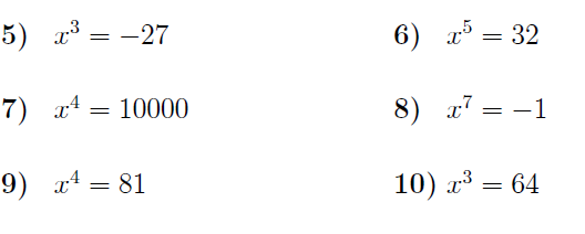 Solving nth power equations worksheet (with solutions)