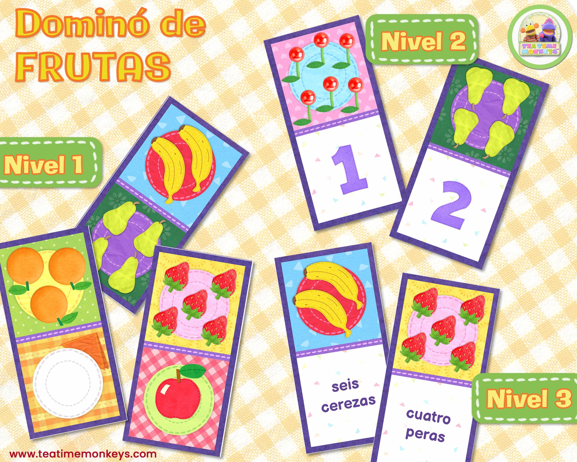 ¡DOMINÓ DE FRUTAS! En 3 Niveles: Discriminación Visual, Contar y Leer ...