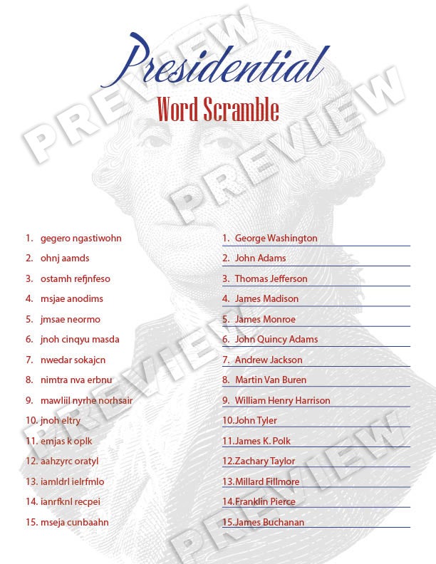 Presidential Word Scrambles and Worksheet (When Where they Elected ...