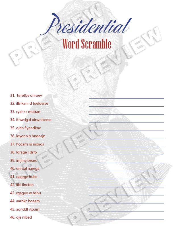 Presidential Word Scrambles and Worksheet (When Where they Elected ...