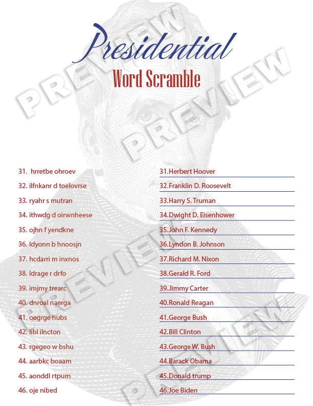 Presidential Word Scrambles and Worksheet (When Where they Elected ...