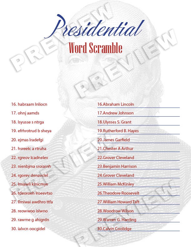 Presidential Word Scrambles and Worksheet (When Where they Elected ...