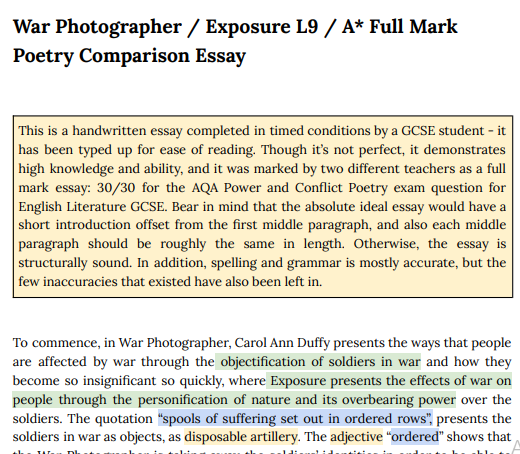 'War Photographer / Exposure' L9 / A* Full Mark Essay - Payhip