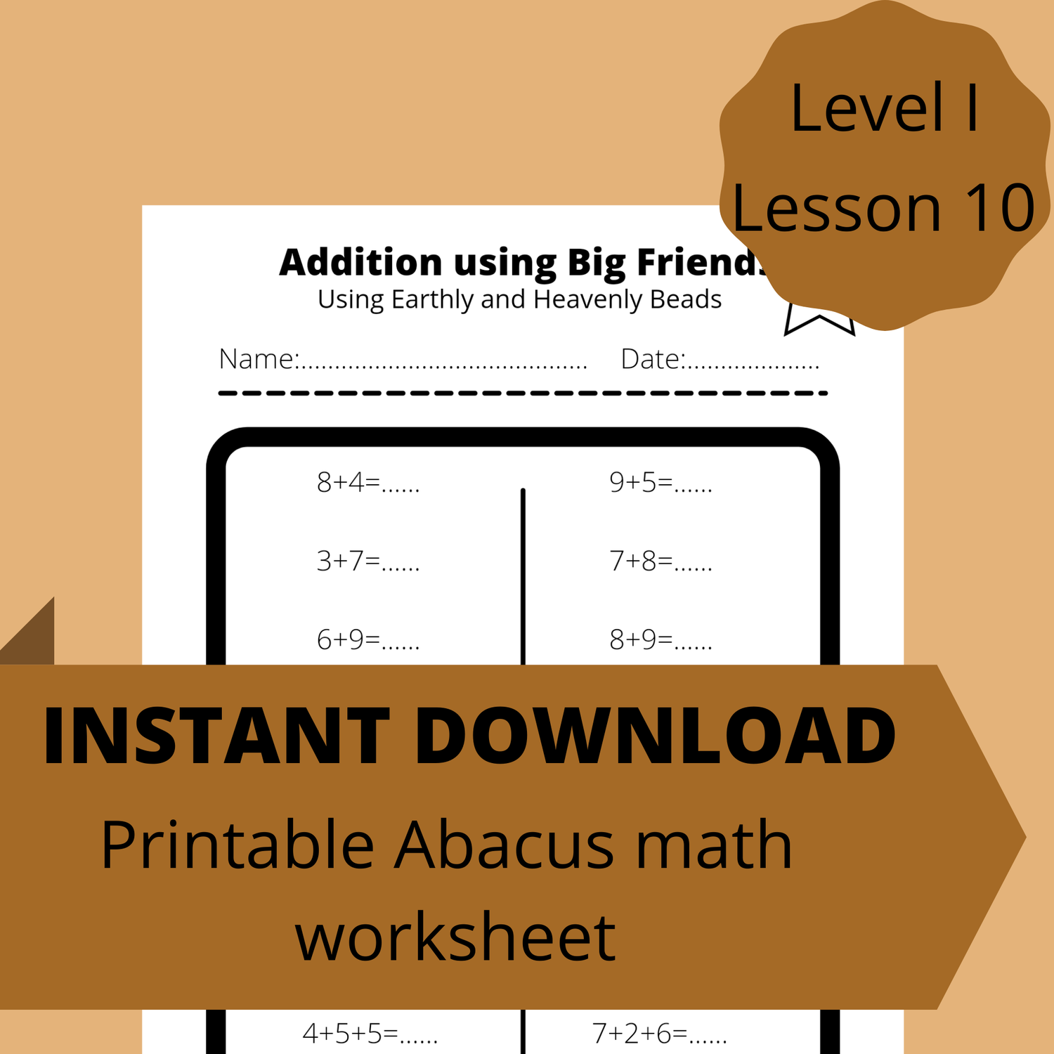 Printable Abacus math Addition worksheet lesson 10 - Payhip