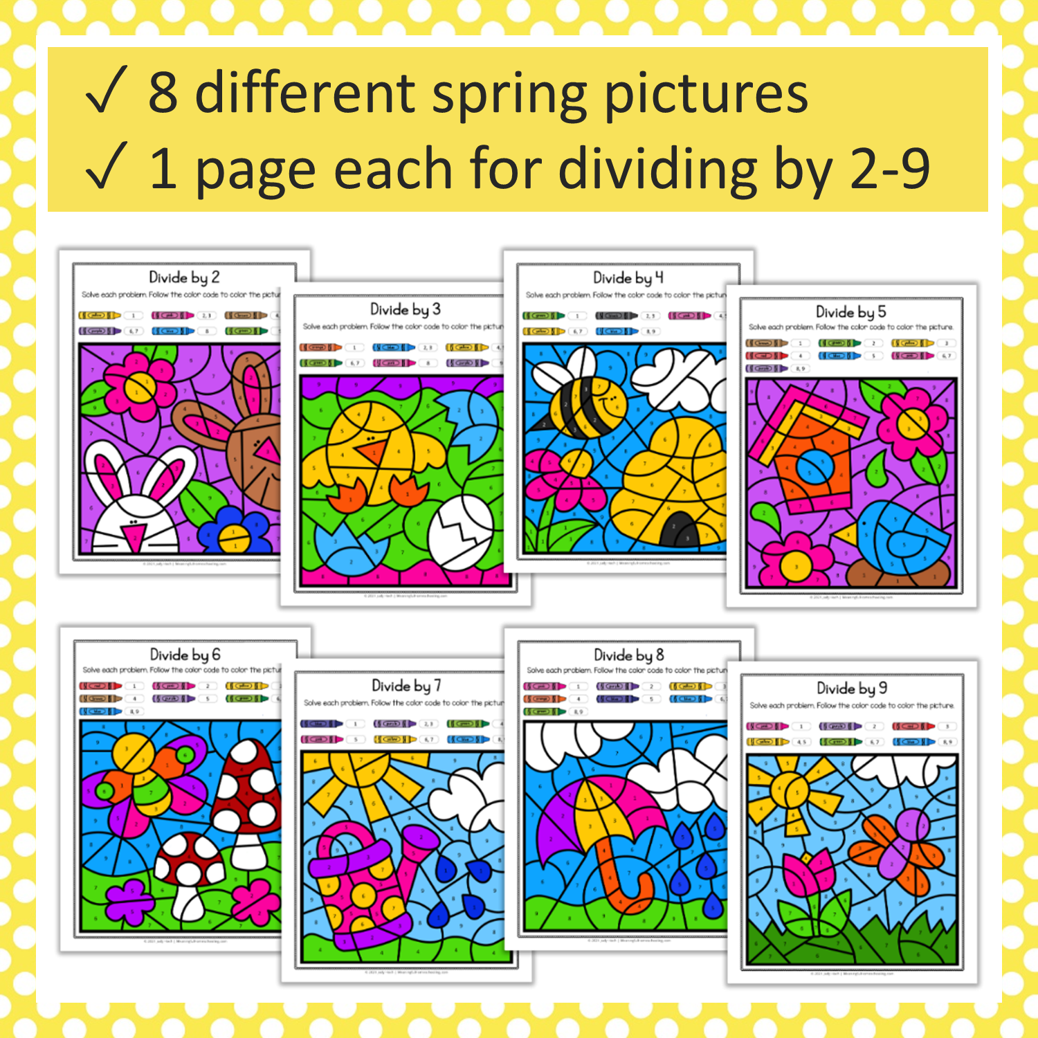 Spring Color by Code Division Worksheets