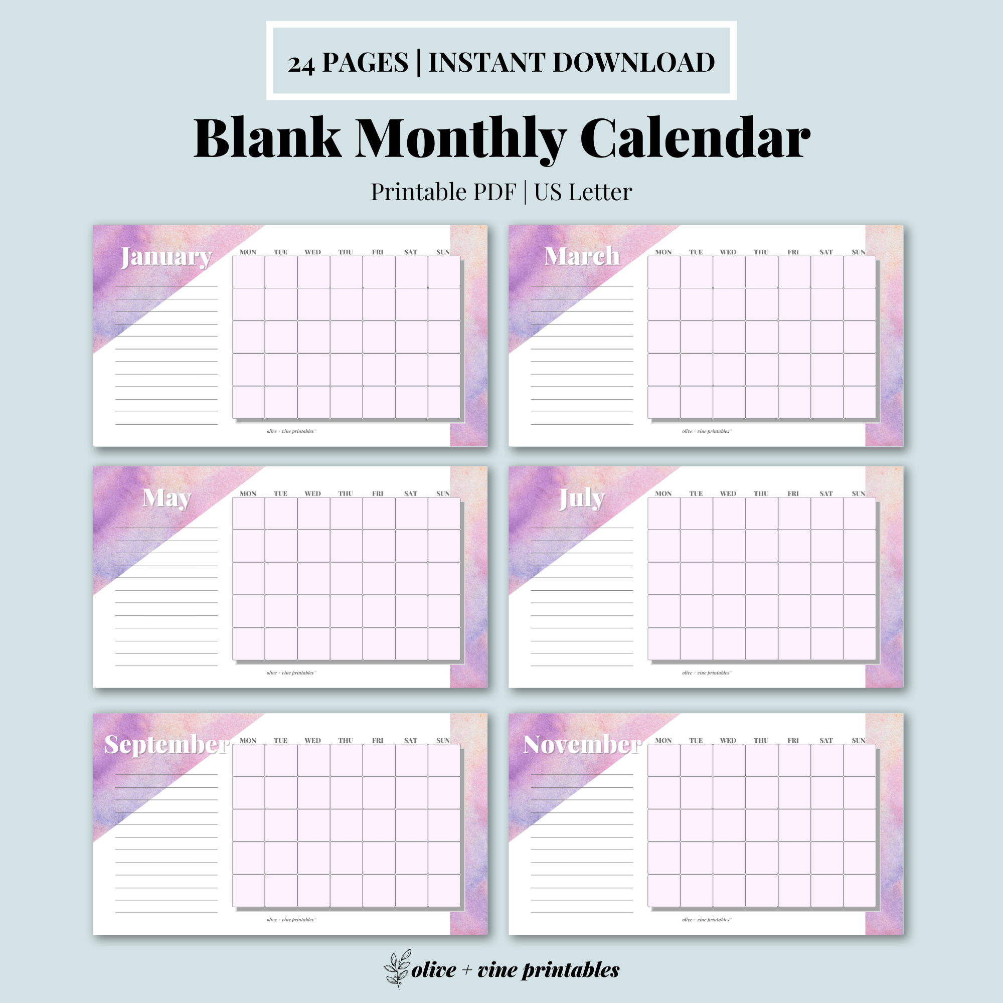 12-Month Blank Monthly Printable Calendar | Pink Watercolor - Payhip
