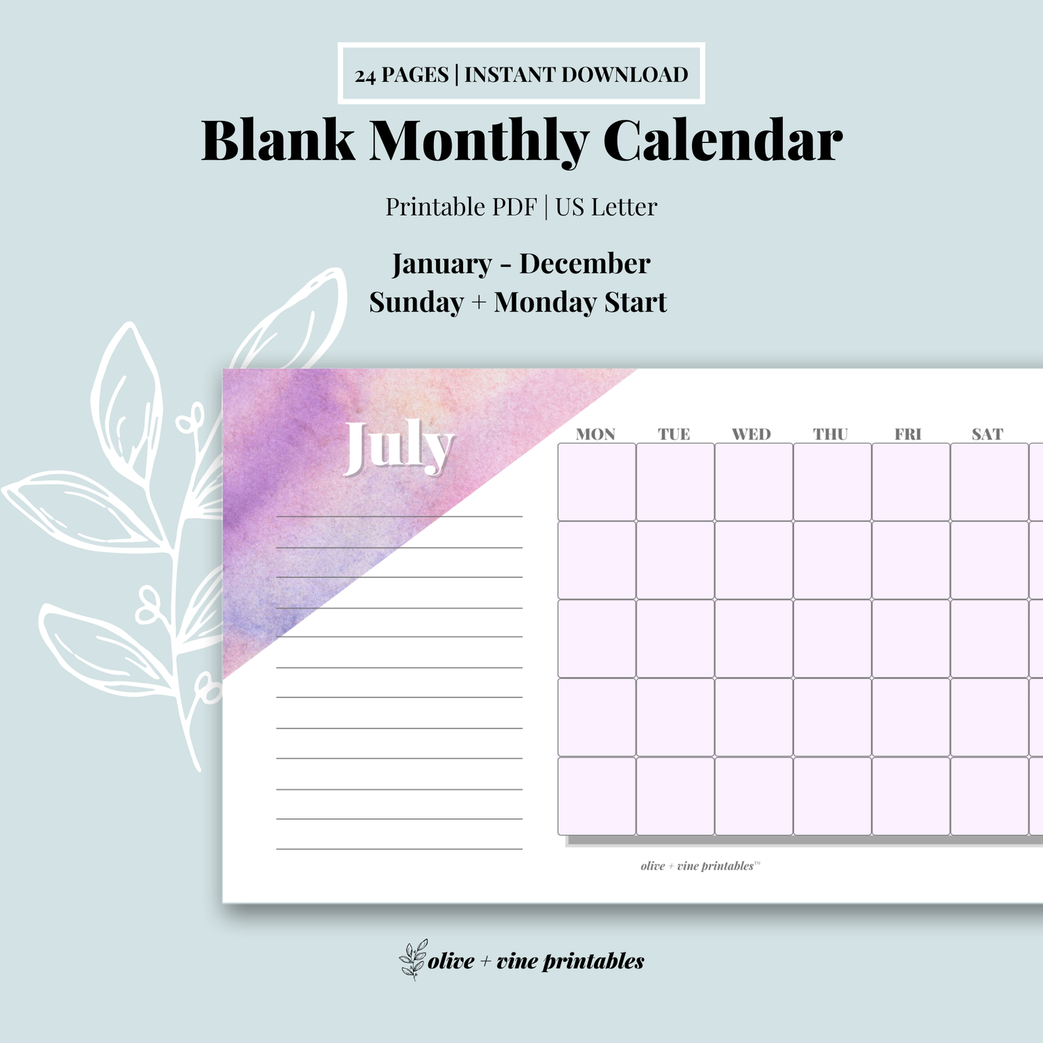 12-Month Blank Monthly Printable Calendar | Pink Watercolor - Payhip