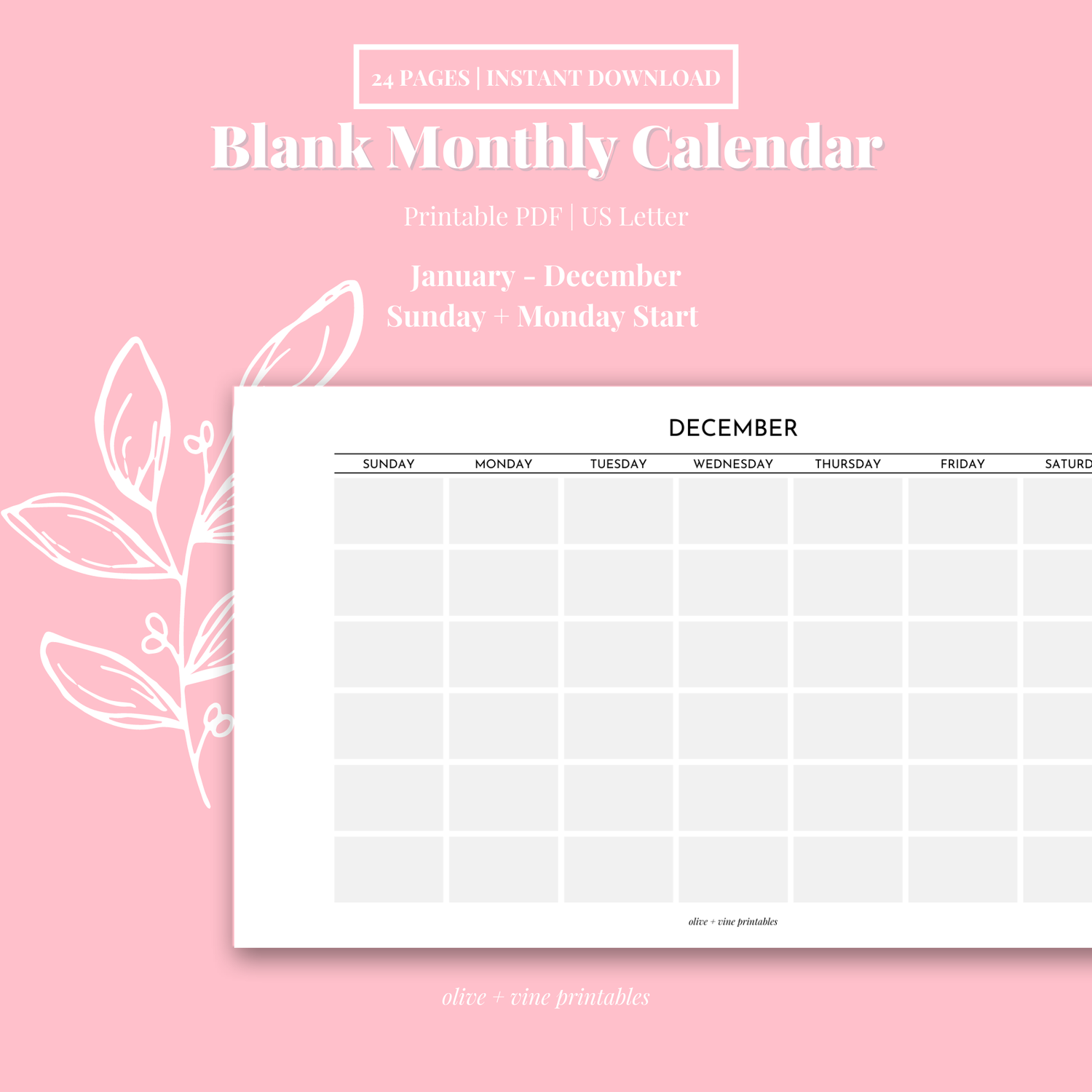 12-Month Blank Monthly Calendar | Minimal - Payhip
