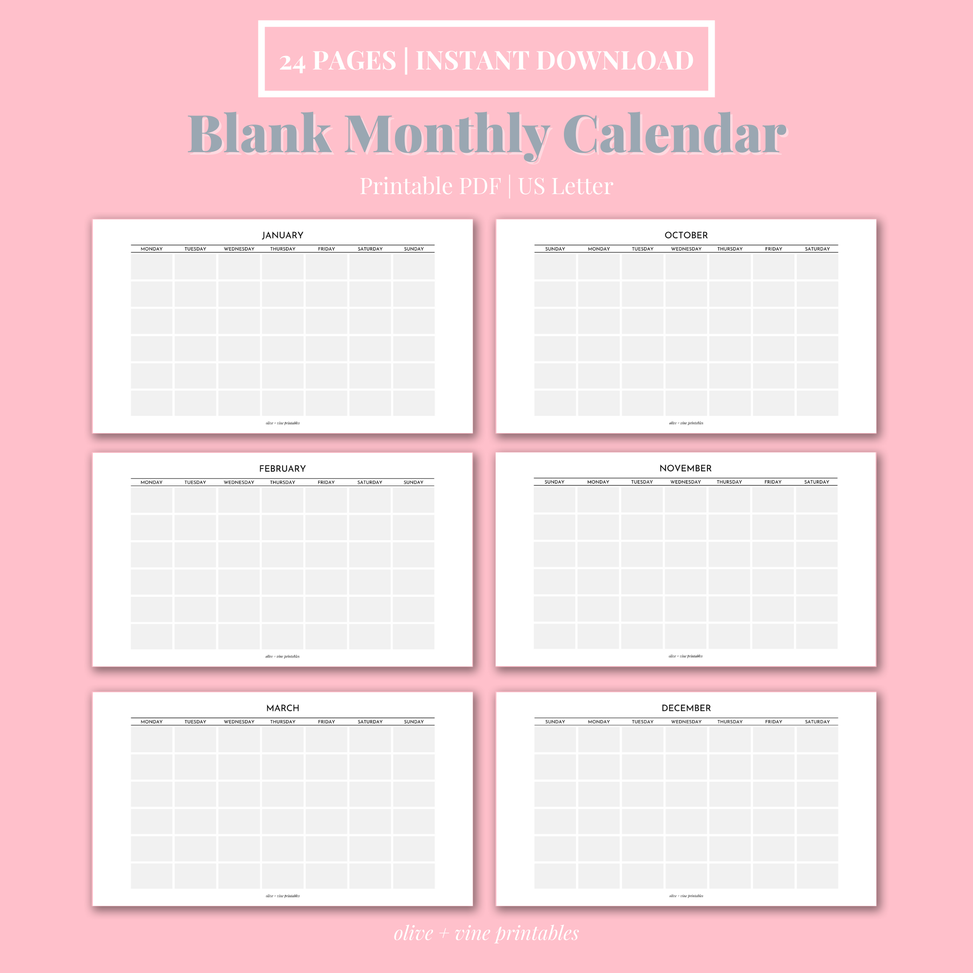 12-Month Blank Monthly Calendar | Minimal - Payhip