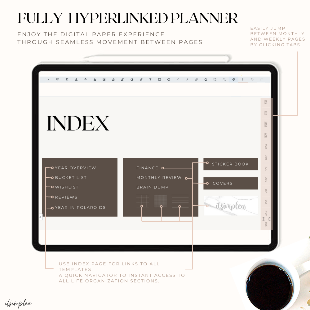 Digital undated Planner, Minimal Hyperlinked yearly, monthly and Weekly ...