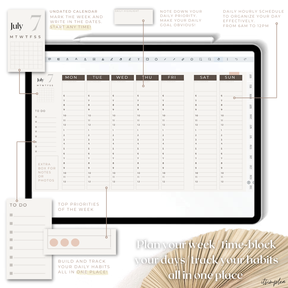 Digital undated Planner, Minimal Hyperlinked yearly, monthly and Weekly ...