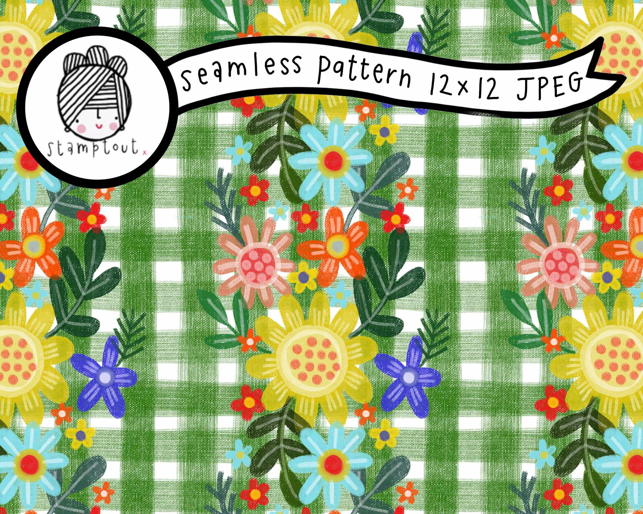 'Gingham flowers' seamless design - JPEG 12" 300dpi Seamless repeating ...