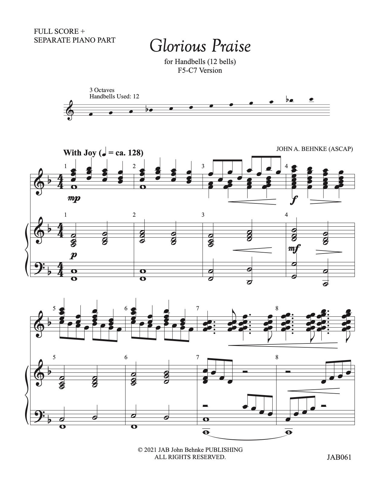 Glorious Praise, Full Score/Piano Part 12 bell, F5-C7, JAB061 - Payhip