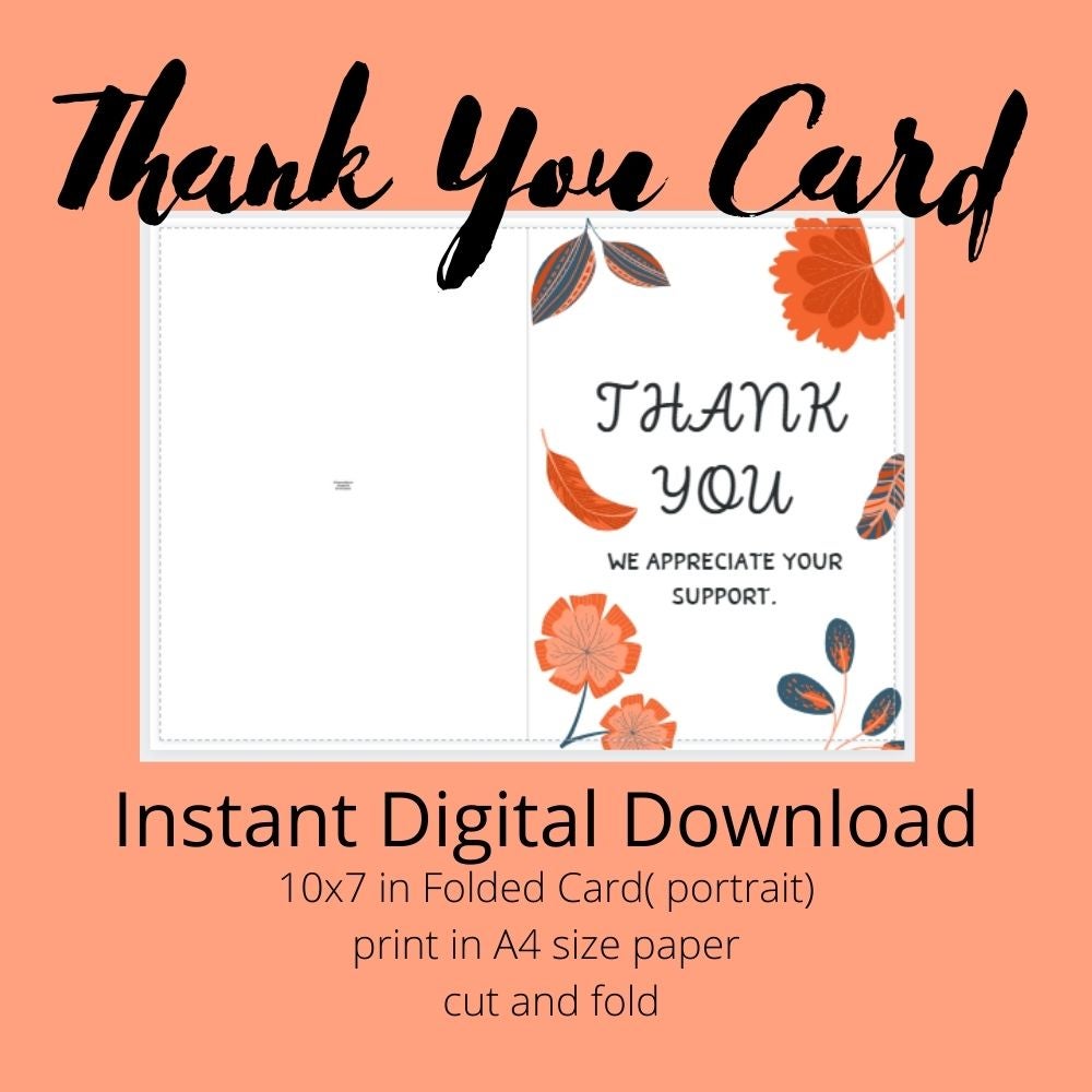 Thank You Card, Printable Thank You Card, Instant Download Card ...