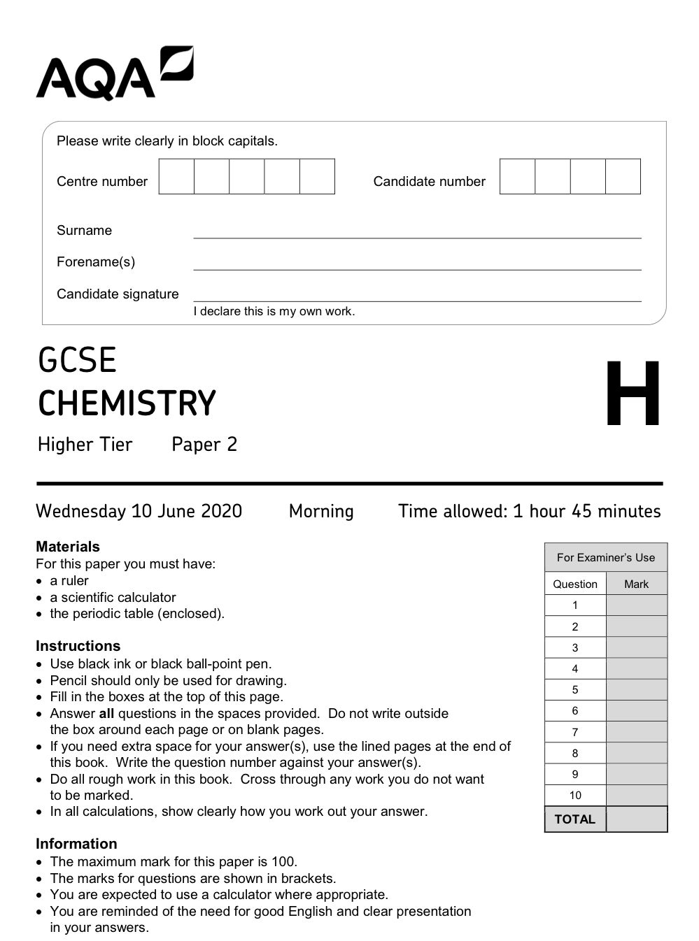Gcse Aqa Chemistry Paper 2 (Higher tier) June 2020 - Payhip