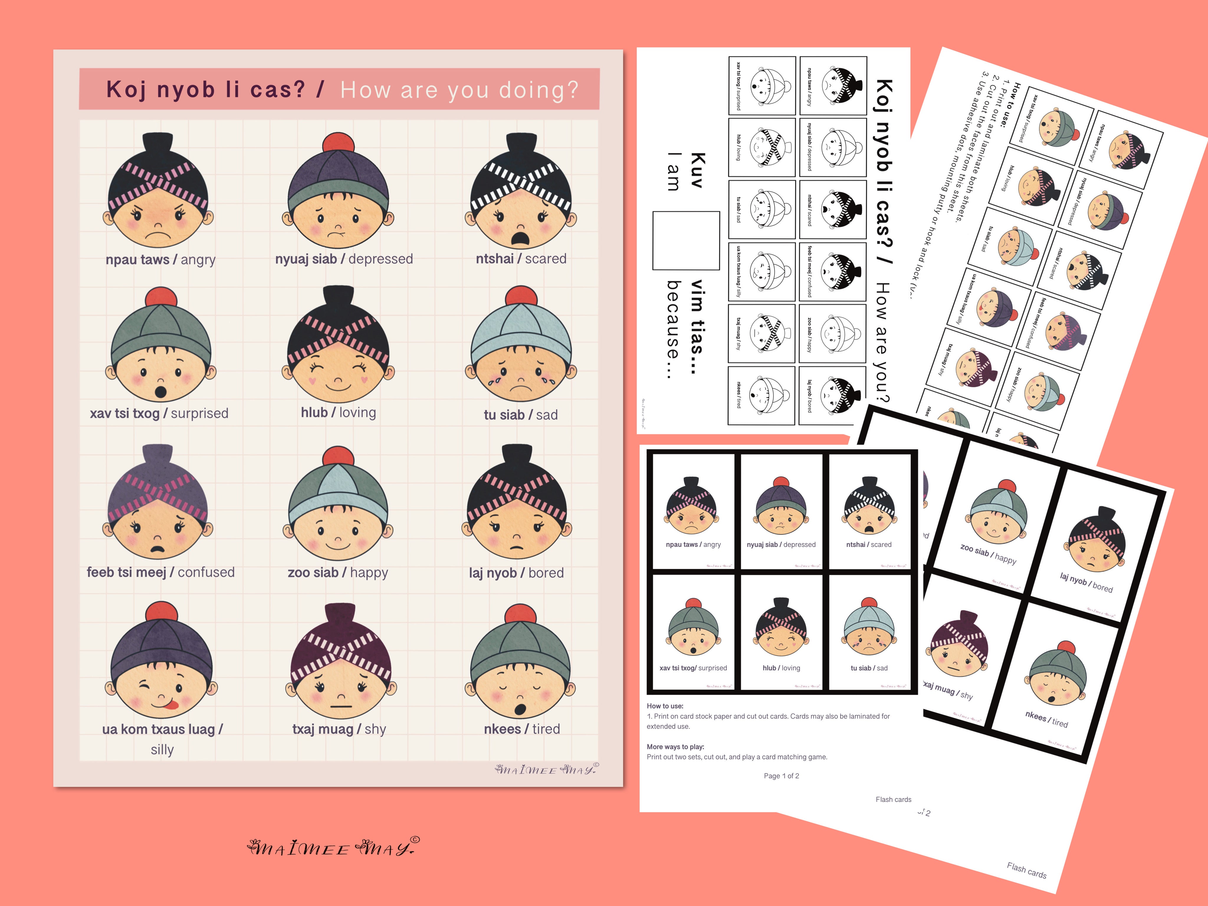 Hmong White / English Feelings - Pink Bundle Set (Poster, Chart ...