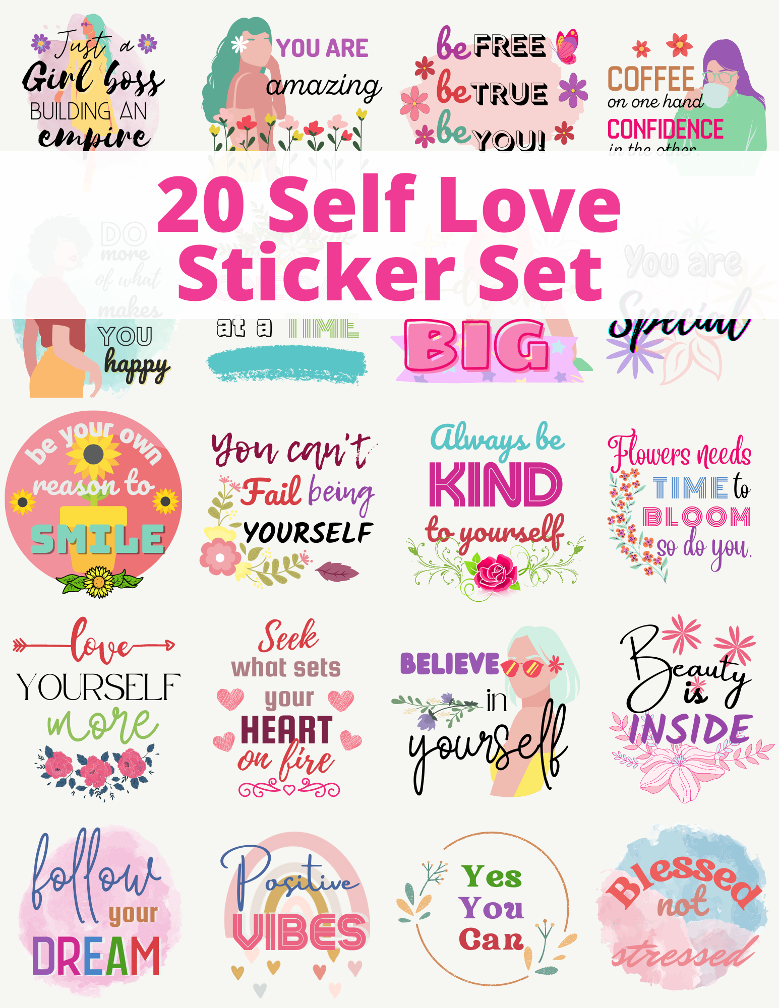20 Self Love Sticker Set - PRODUCT 102 - Commercial Use Included - Payhip