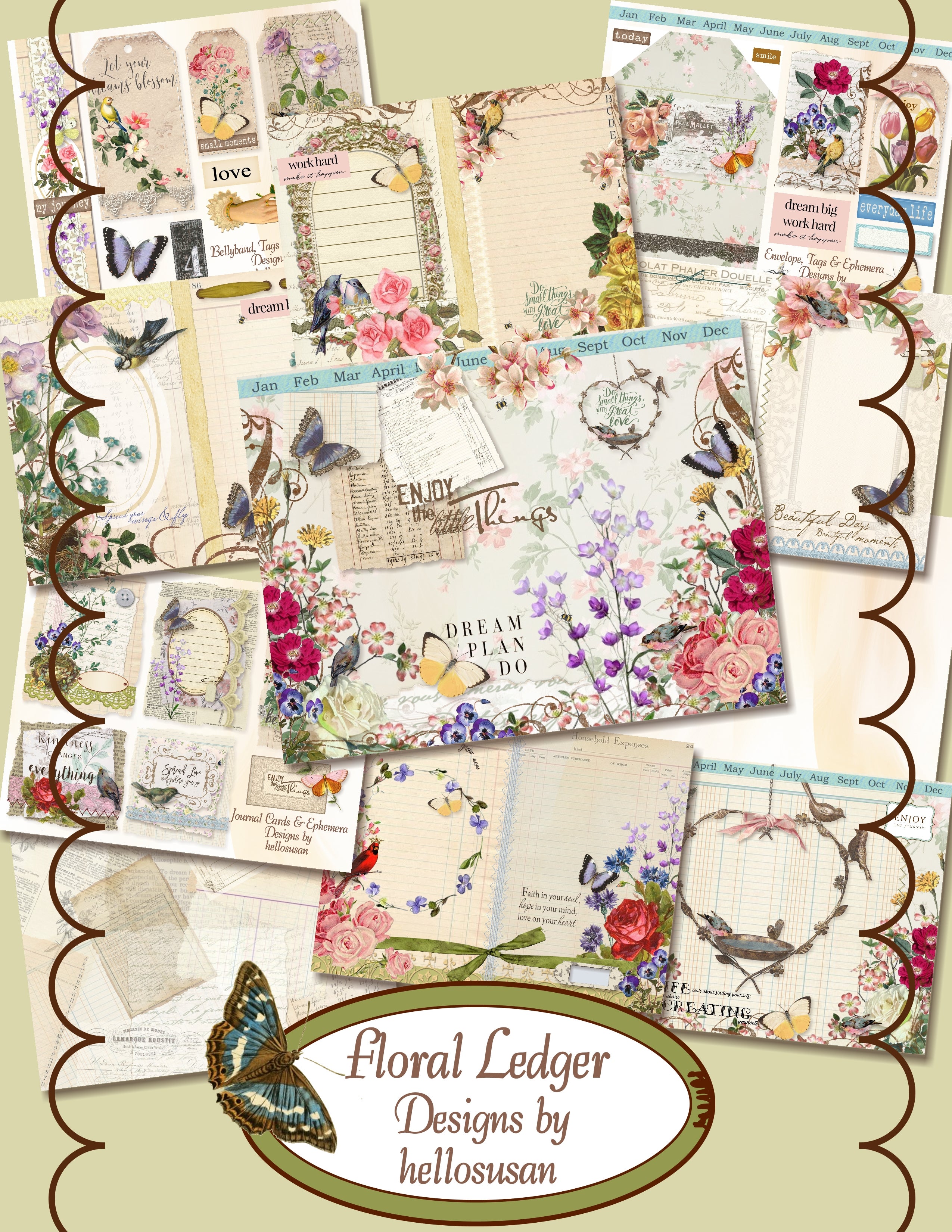 Scrapbooking digital tags Printable floral ledger tags journal ephemera ...