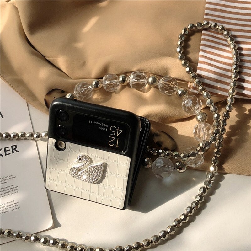 3D Rhinestone Swan Phone Case For Samsung Galaxy Z Flip 3 5G PU Leather ...