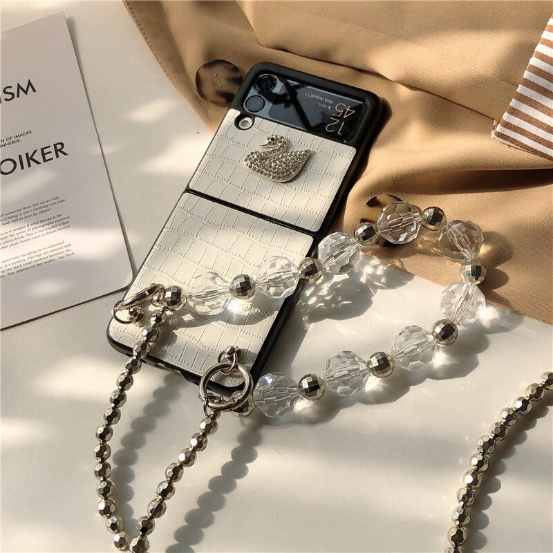 3D Rhinestone Swan Phone Case For Samsung Galaxy Z Flip 3 5G PU Leather ...