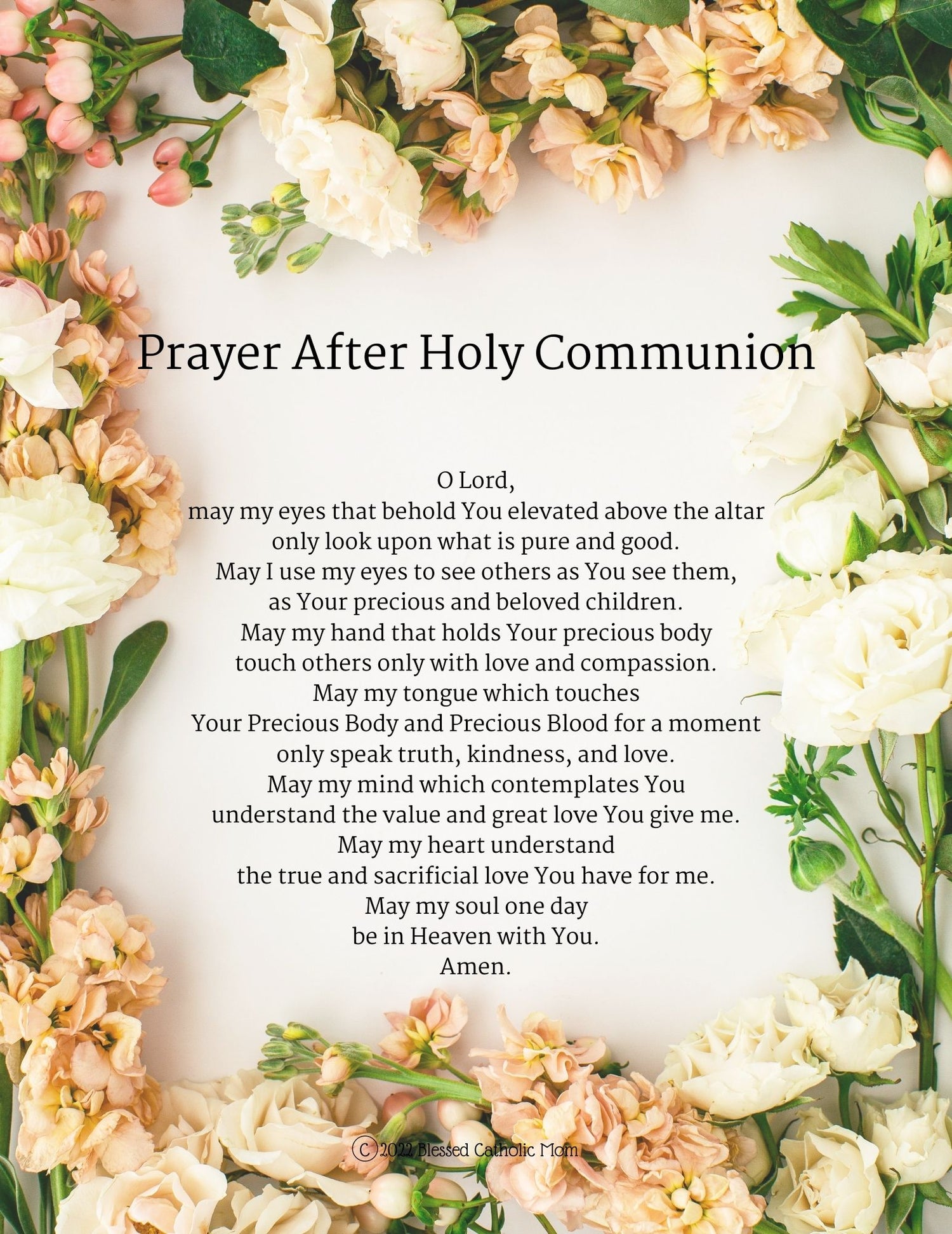 Prayer After Holy Communion flowers frame theme jpg 8.5 x 11 inches ...