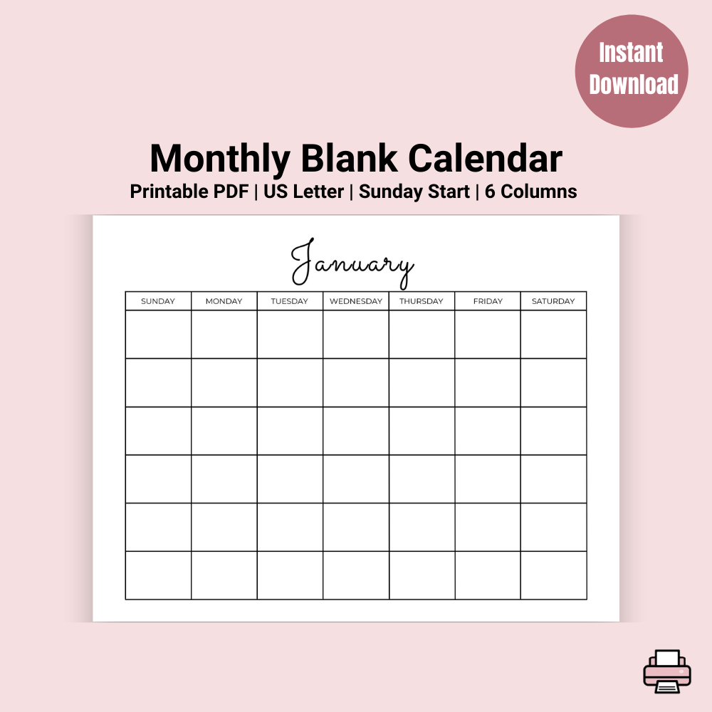Monthly Blank Calendar, Design1, Simple Calendar, Horizontal Printable ...