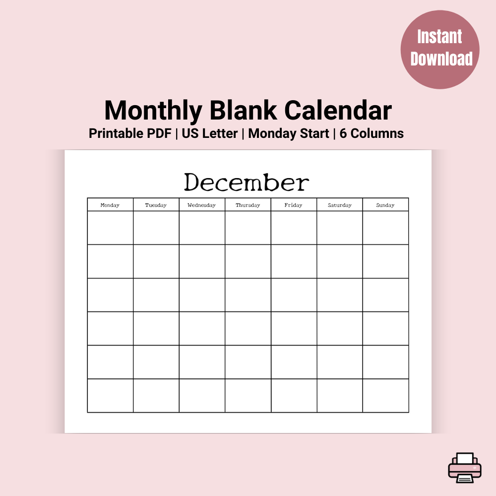 Monthly Blank Calendar, Design12, Simple Calendar, Horizontal Printable ...