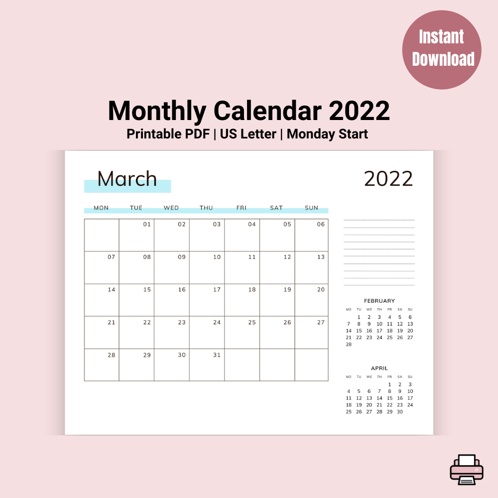 Monthly Calendar 2022, Blue, Simple Calendar, Horizontal Printable ...