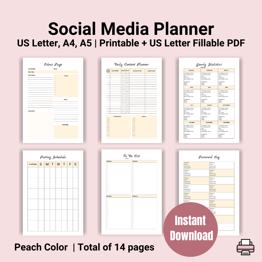 Social Media Planner Printable, PDF Printable, Instant Download ...