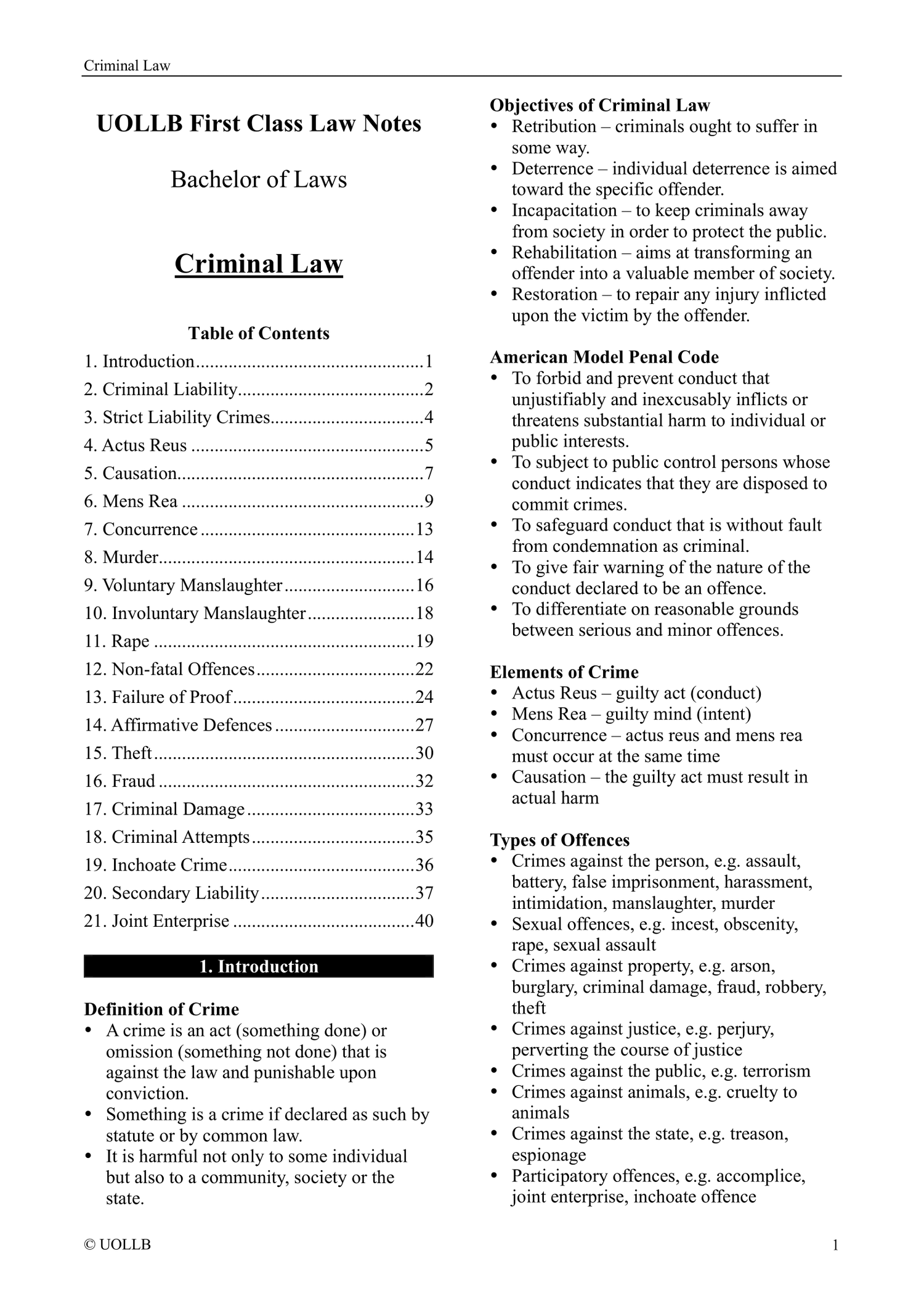 UOLLB First Class Law Notes