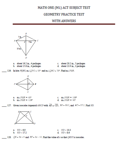 ACT 1 MATH 1 SUBJECT TEST QUESTIONS INCLUDING ALGEBRA 1 AND GEOMETRY ...