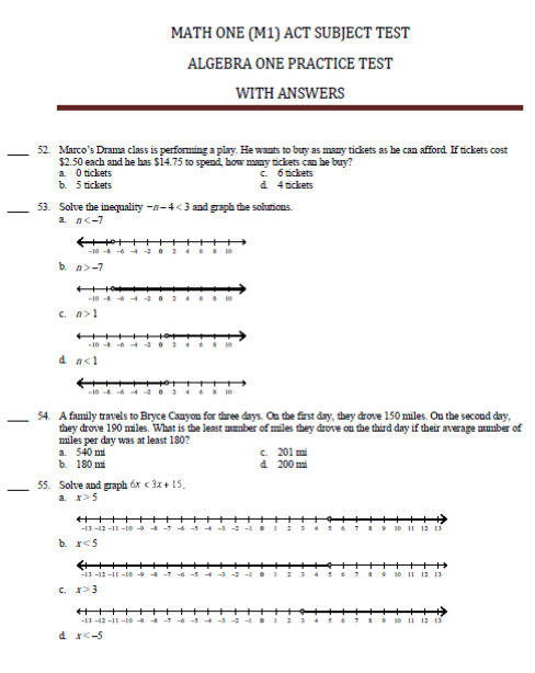 ACT MATH I ALGEBRA SUBJECT TEST QUESTIONS WITH ANSWERS - Payhip