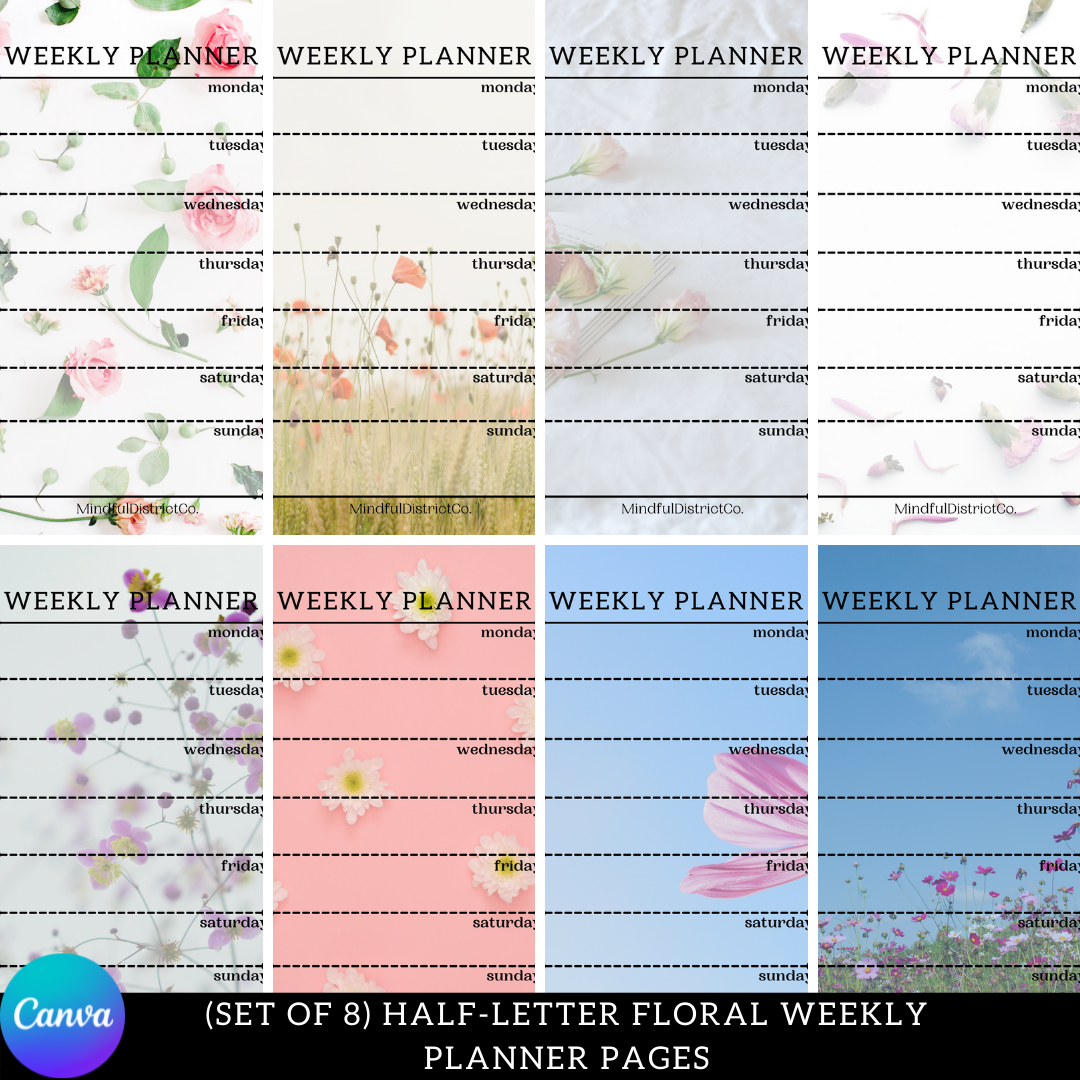 Half-Letter Floral Weekly Planner Pages (Set of 8) | 5.5 in. x 8.5 in ...