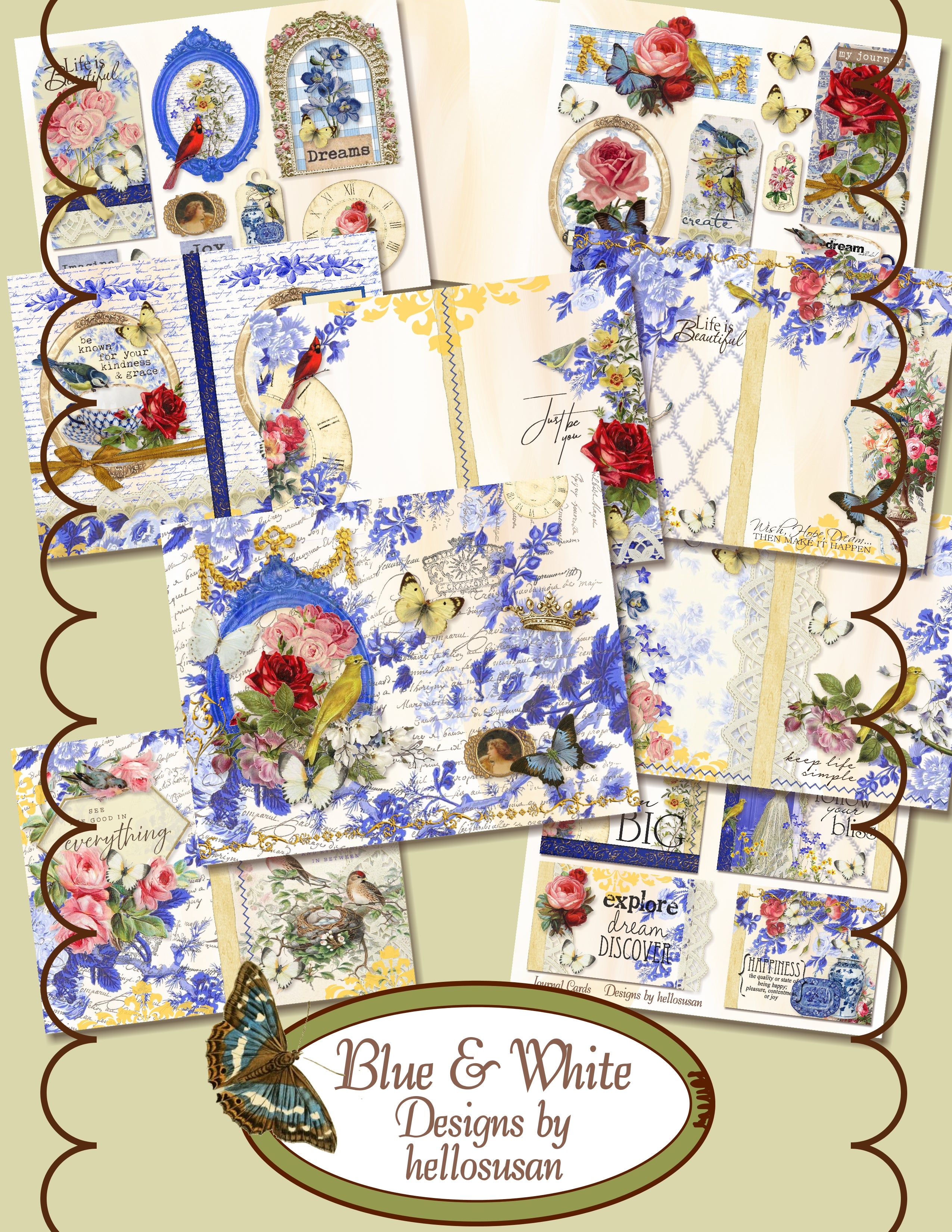 Blue & White Vintage Journal Digital Kit - Payhip