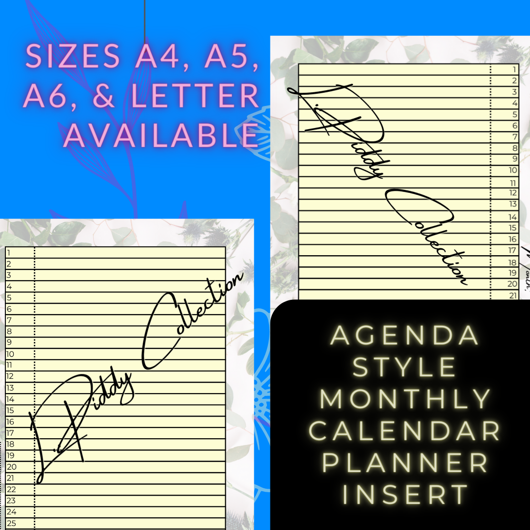 Agenda Style Monthly Calendar Planner Insert - Digital Download in ...