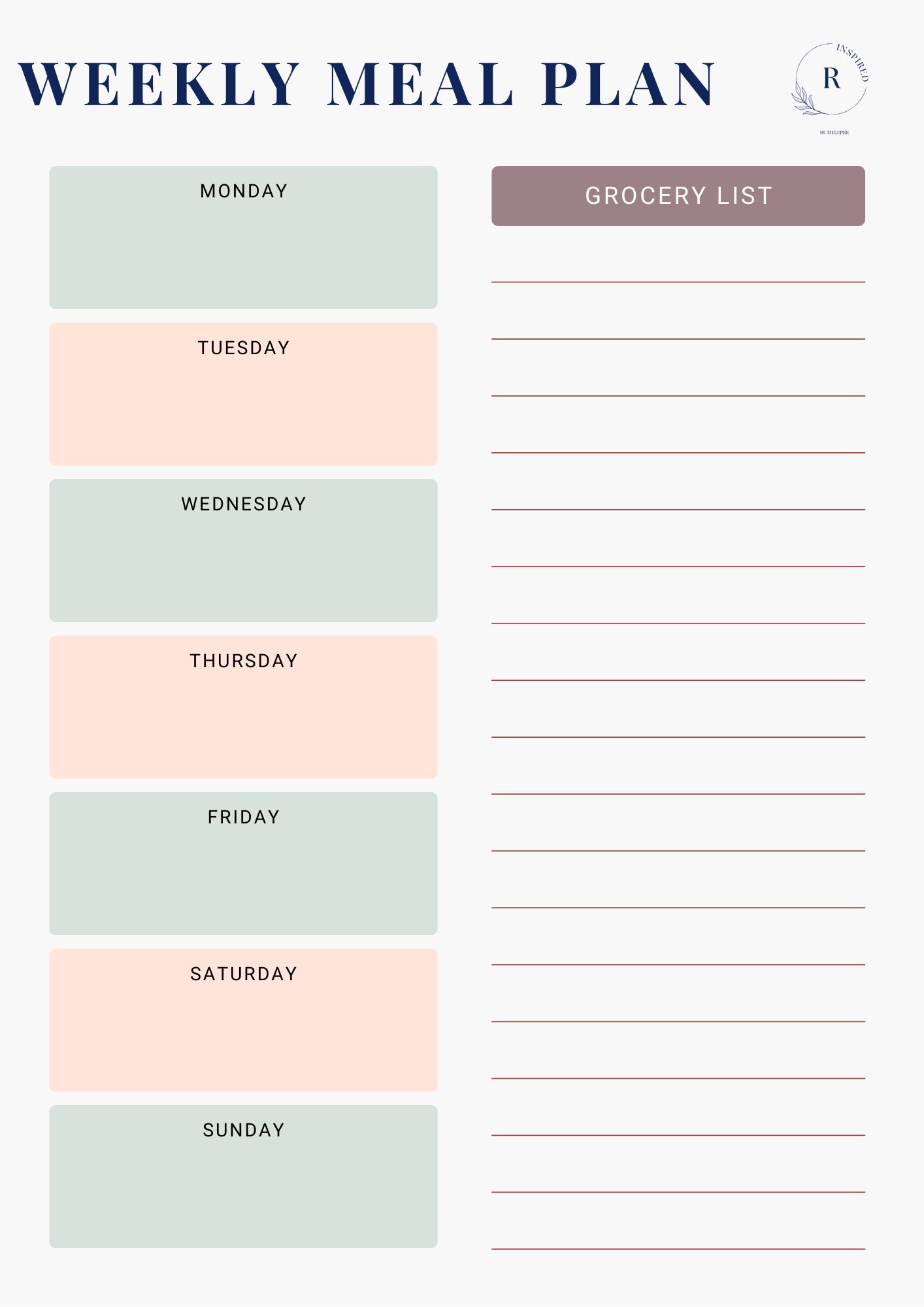 Weekly Meal Planner 1 template A4 - Free - Payhip