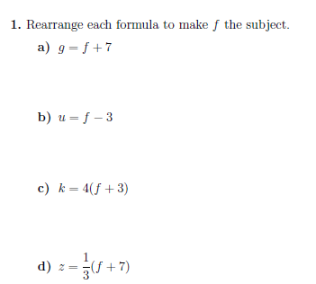 Rearranging formulae (introductory) worksheet (with solutions)