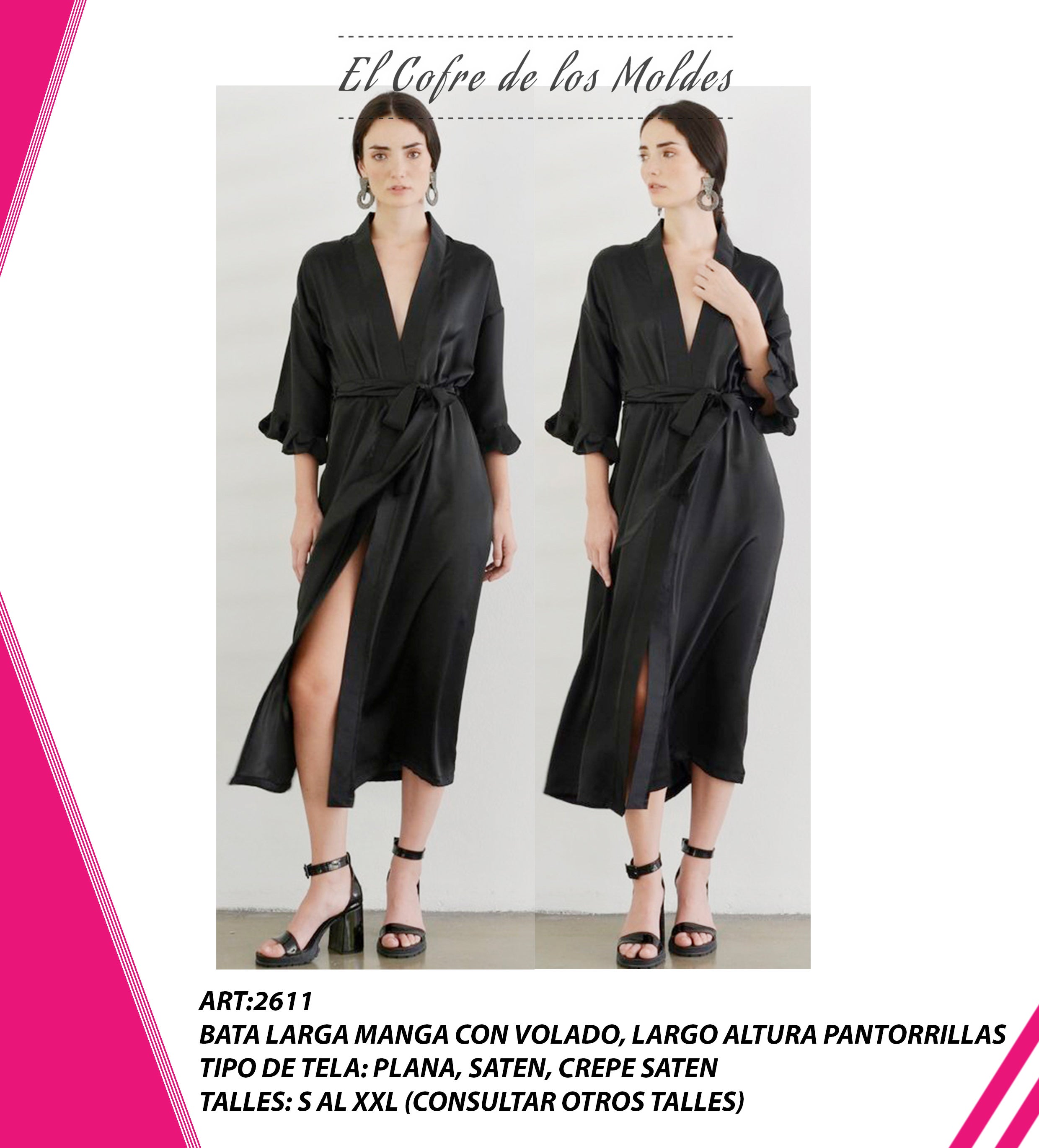 Molde Digital PDF Bata larga manga con volado, Patron Pack 5 Talles ...