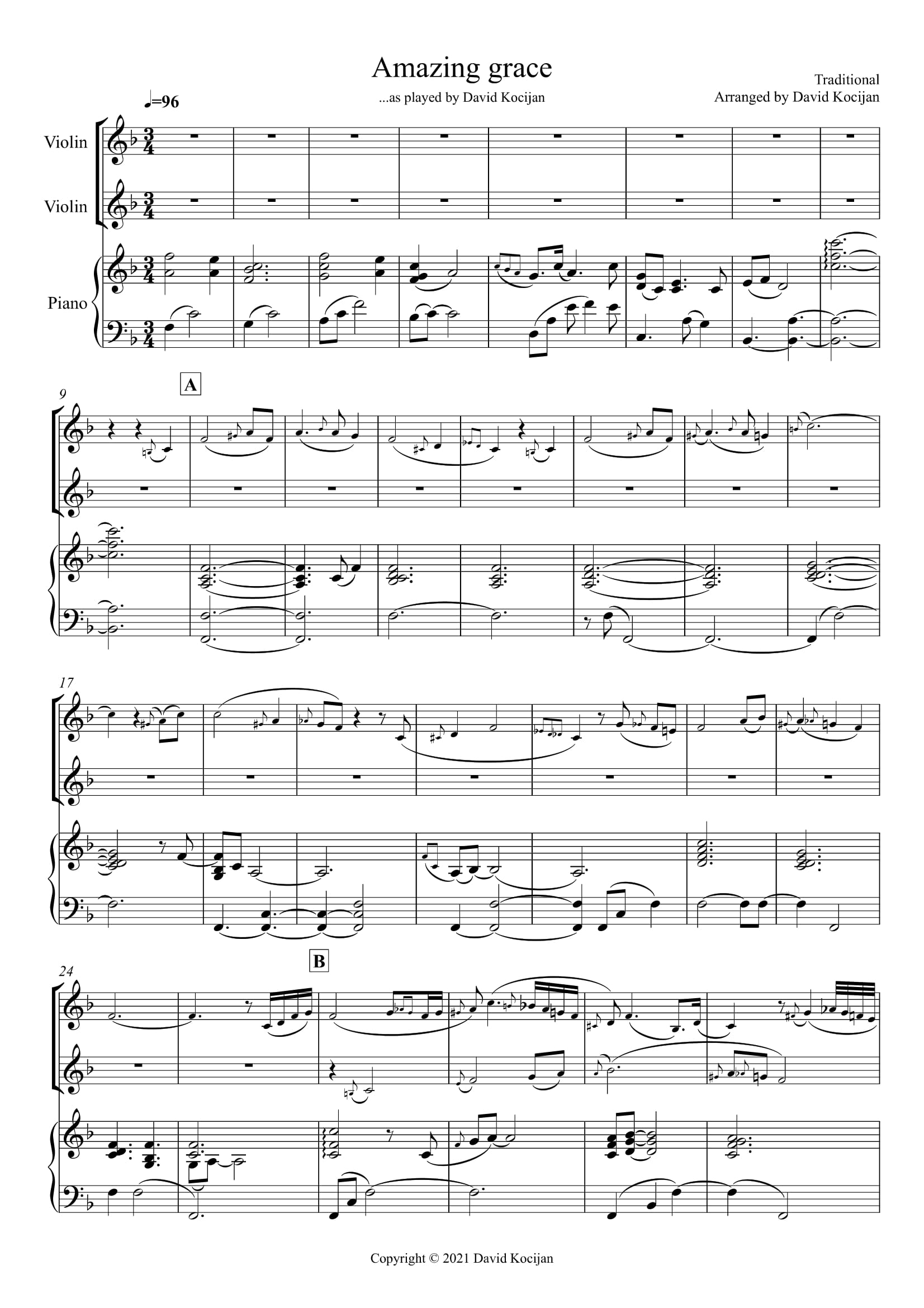 Amazing grace TRIO (Piano & Violin duet) SHEET MUSIC & BACKING TRACK ...