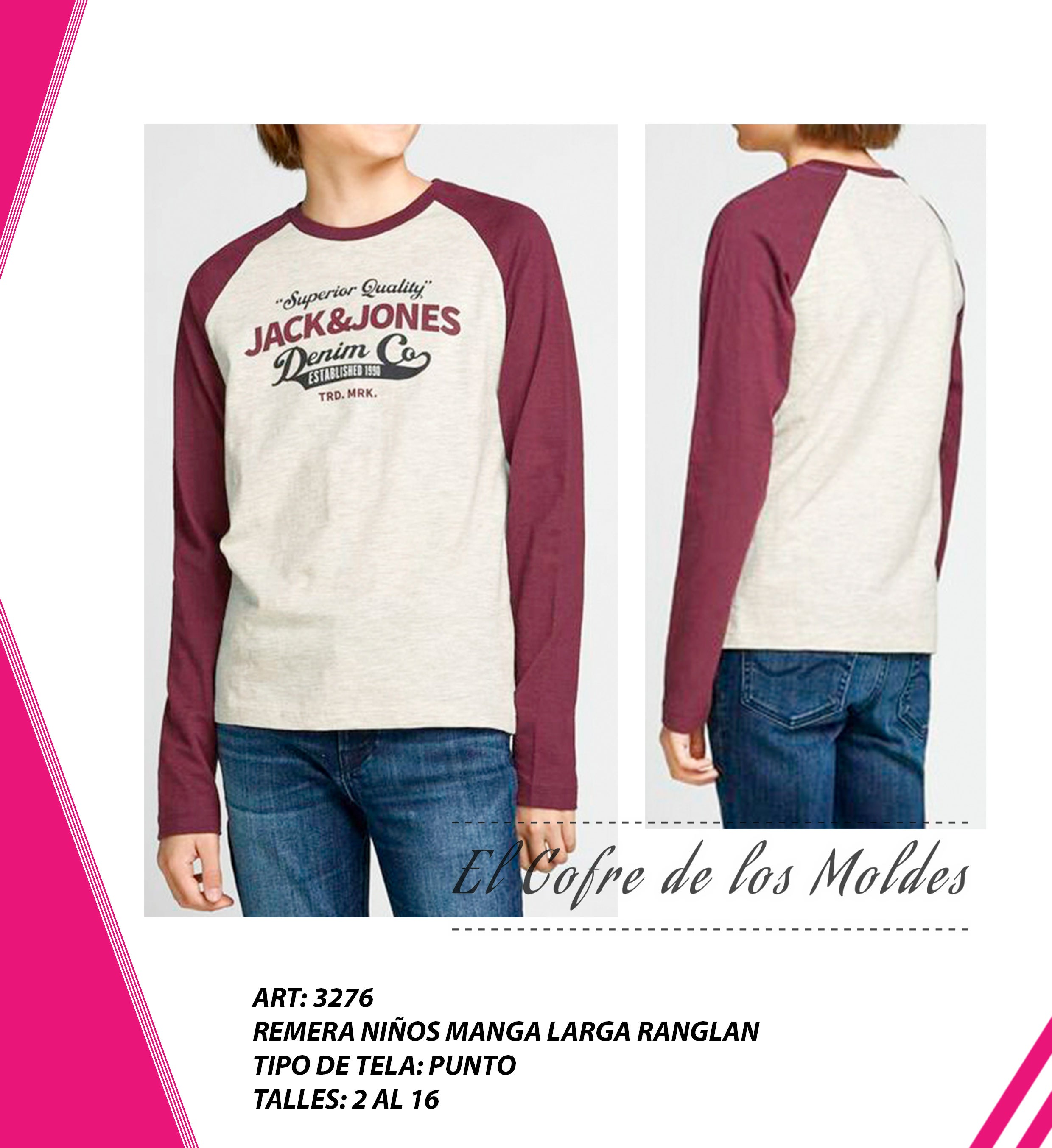 Molde Digital PDF Remera ranglan manga larga Niños, Patrones Pack ...