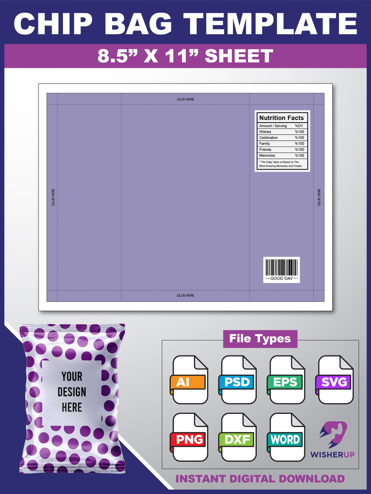 Chip Bag Template, Blank Chip Bag Template, Chip Bag labels, Editable ...