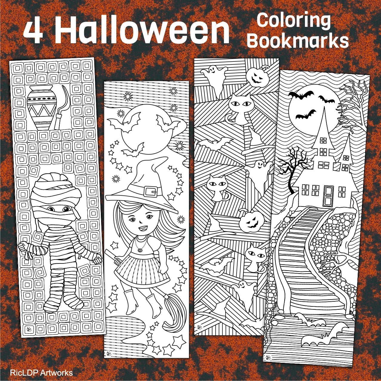 4 Halloween Coloring Bookmarks Set A - Payhip
