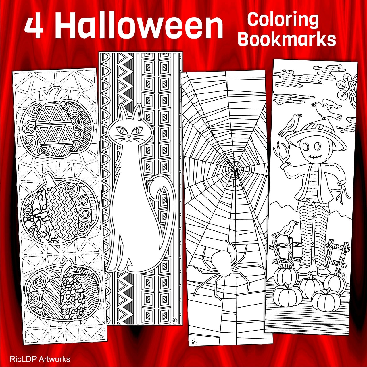 4 Halloween Coloring Bookmarks Set B - Payhip