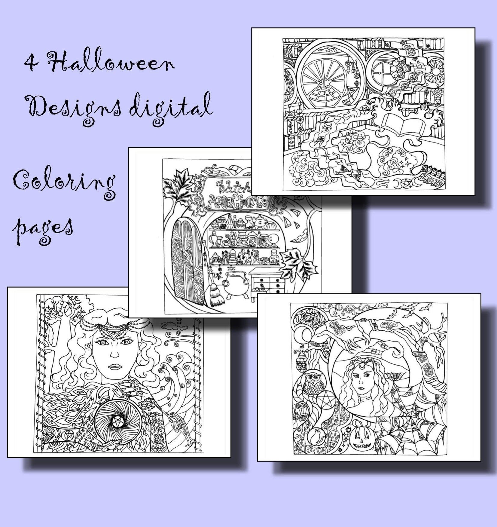 4 Halloween digital coloring pages - Payhip