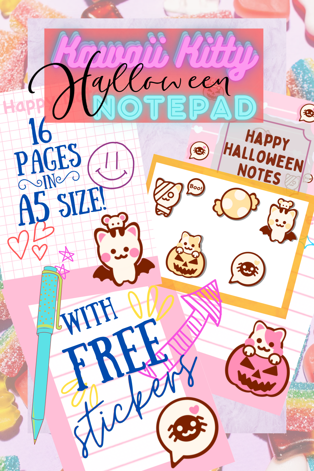 Kawaii Cat Halloween Notepad A5 Printable BONUS STICKERS! - Payhip