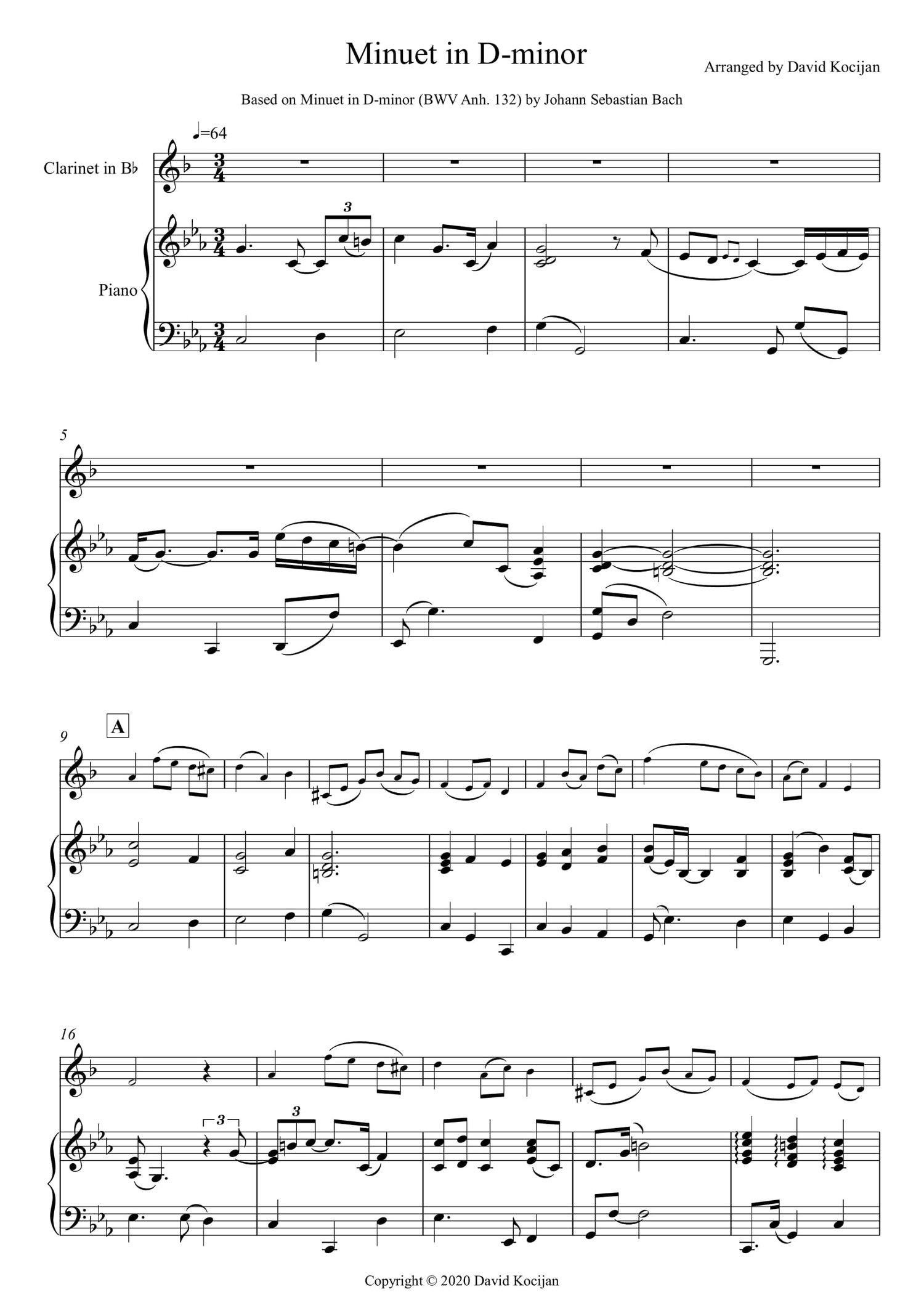 Bach: Minuet in D-minor (clarinet & piano) EASY SHEET MUSIC & backing ...