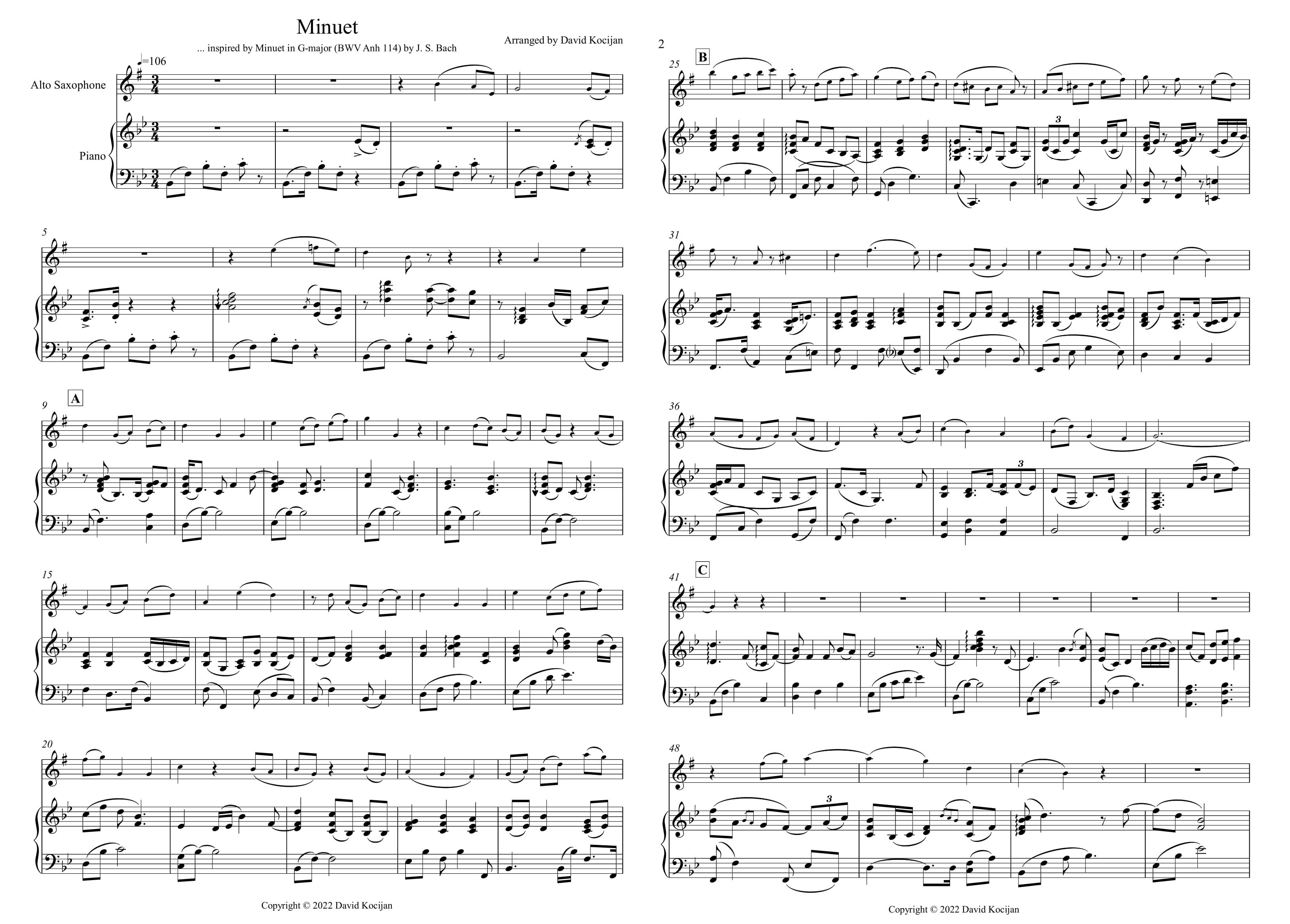 Bach: Minuet in G-major (alto sax & piano) EASY SHEET MUSIC & backing track - Payhip